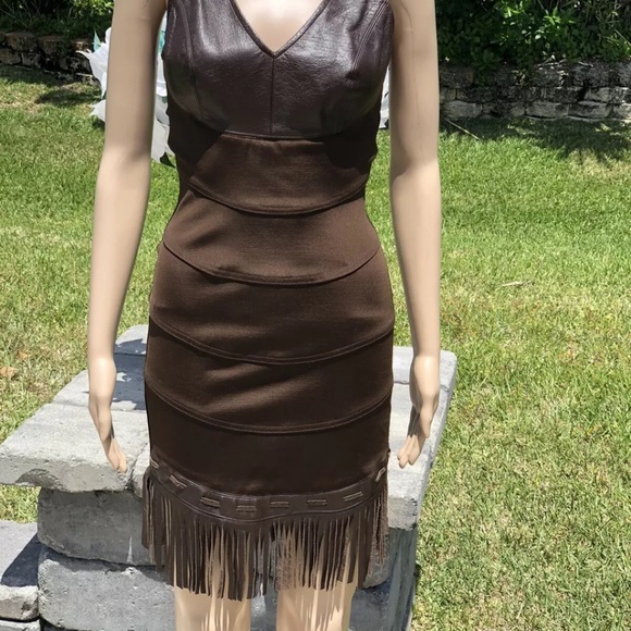 Cache | Dresses | Cache Brown Bandage Dress With Leather Top And Fringe ...